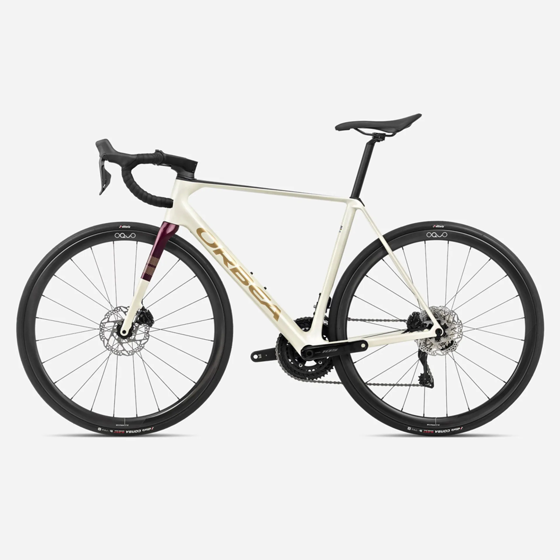 Orbea Orca M35i Road Bike In Ivory White/Burgundy Gloss/Vulcano Matt